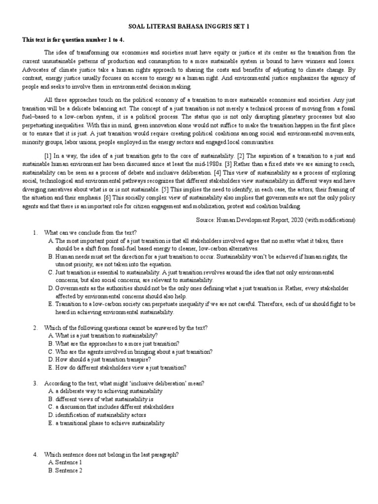 Soal Literasi Bahasa Inggris Set 1 | PDF | Human | Sustainability Soal Literasi Bahasa Inggris Set 1 | PDF | Human | Sustainability