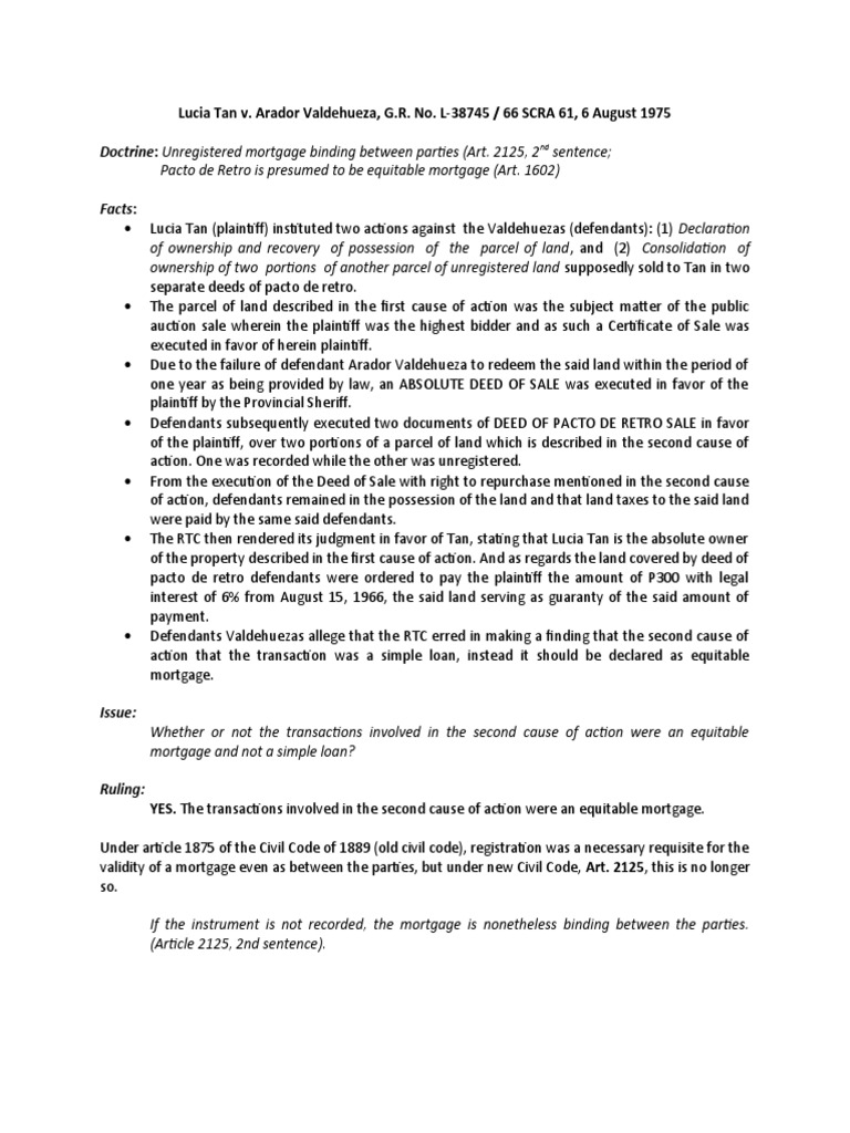 Lucia Tan v. Arador Valdehueza | PDF | Deed | Mortgage Law