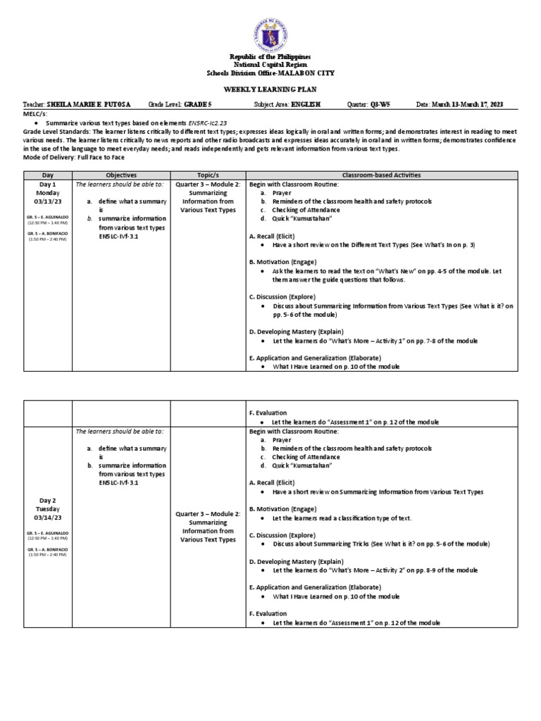 Q3 W5 English WLP | PDF | Educational Assessment | Learning