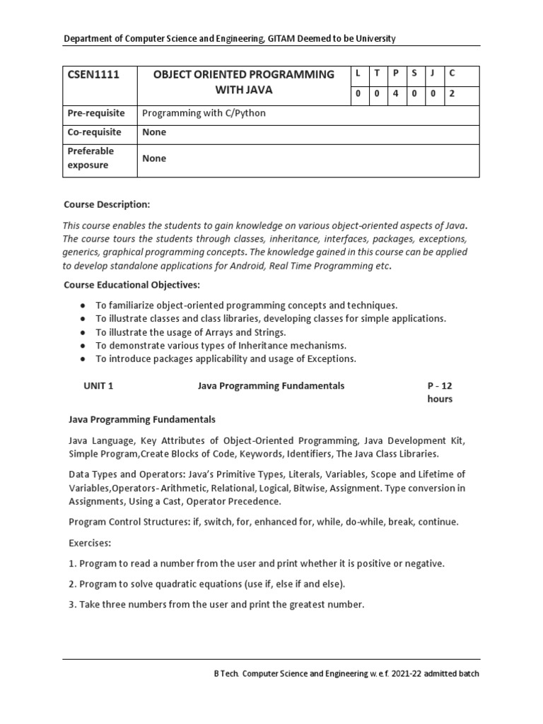 Syllabus CSEN1111-OOP With Java | PDF | Method (Computer Programming ... Syllabus CSEN1111-OOP With Java | PDF | Method (Computer Programming ...