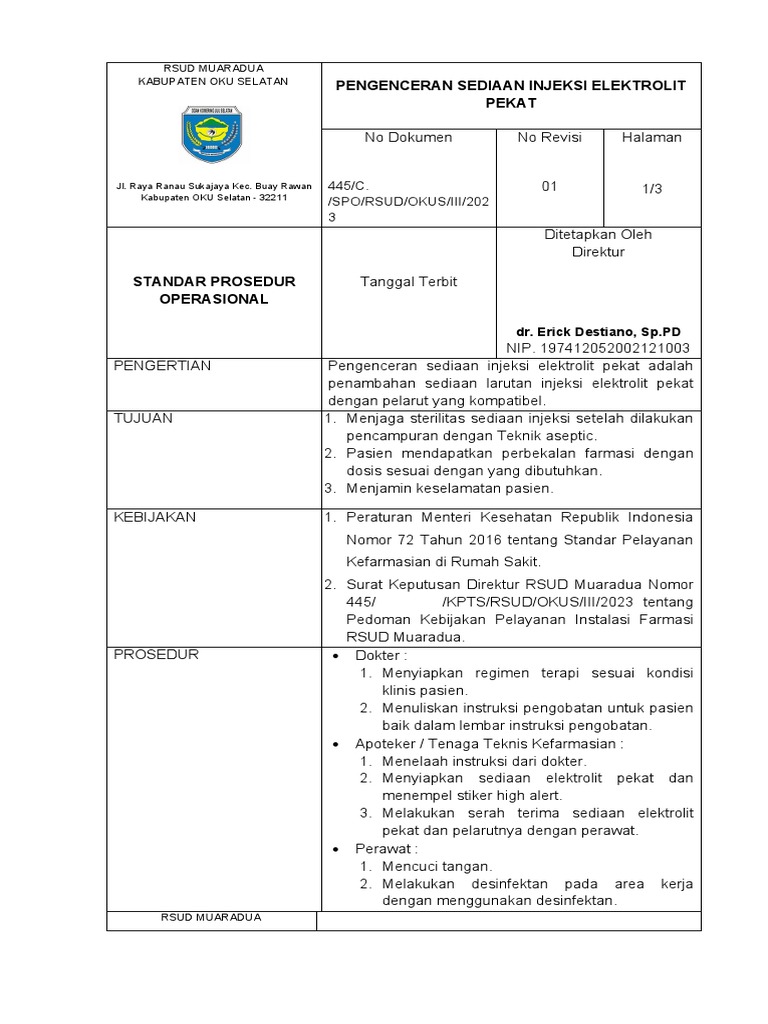 SPO PENGENCERAN SEDIAAN INJEKSI ELEKTROLIT PEKAT | PDF