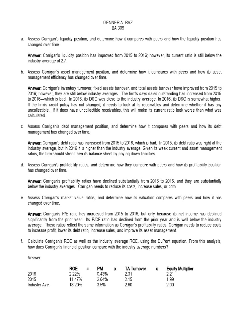 Ratio Analysis Answer | PDF | Return On Equity | Revenue