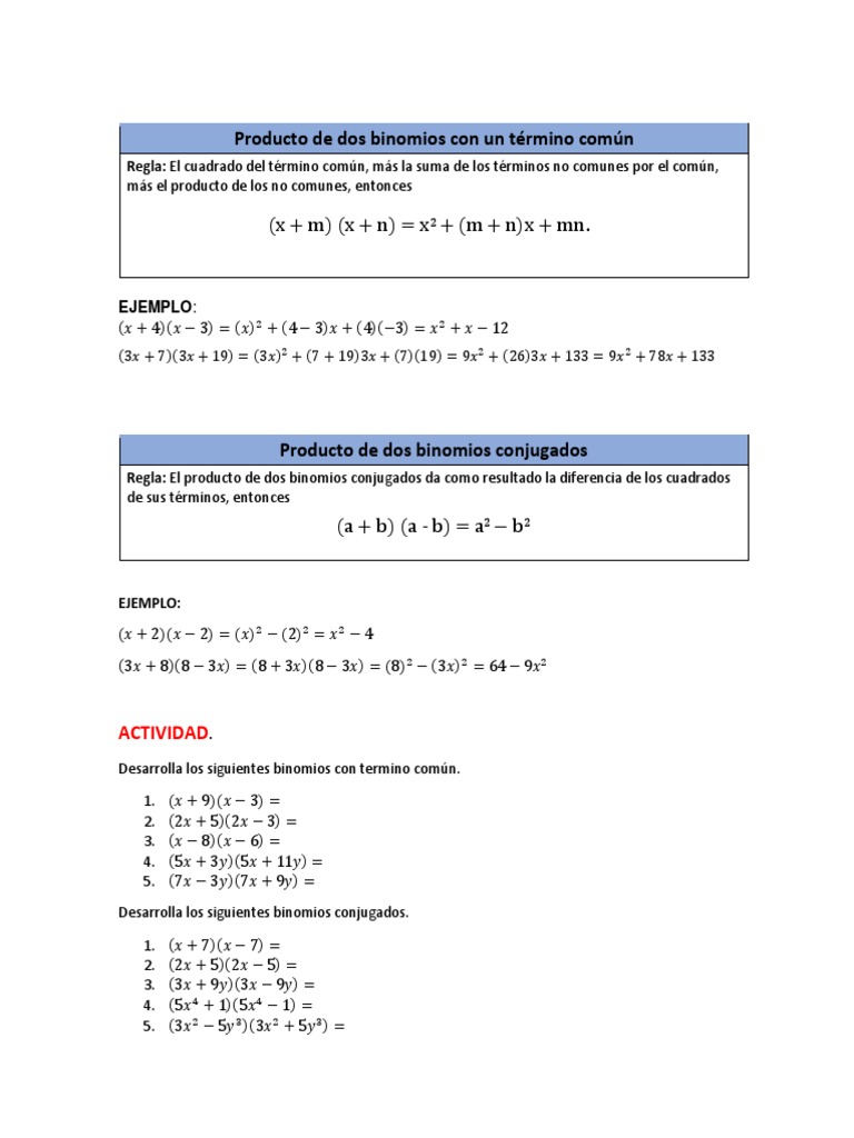 Binomios Con Termino Comun y Binomio Conjugado | PDF Binomios Con Termino Comun y Binomio Conjugado | PDF