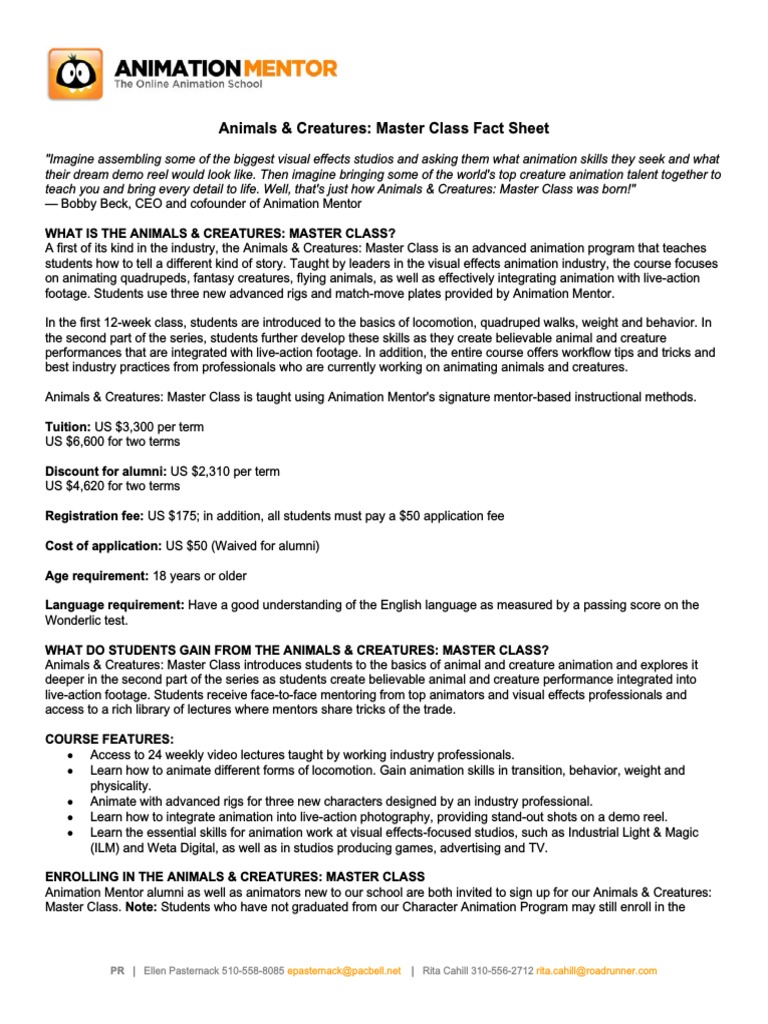 Animals & Creatures - Master Class Fact Sheet - Animation Mentor | PDF ...