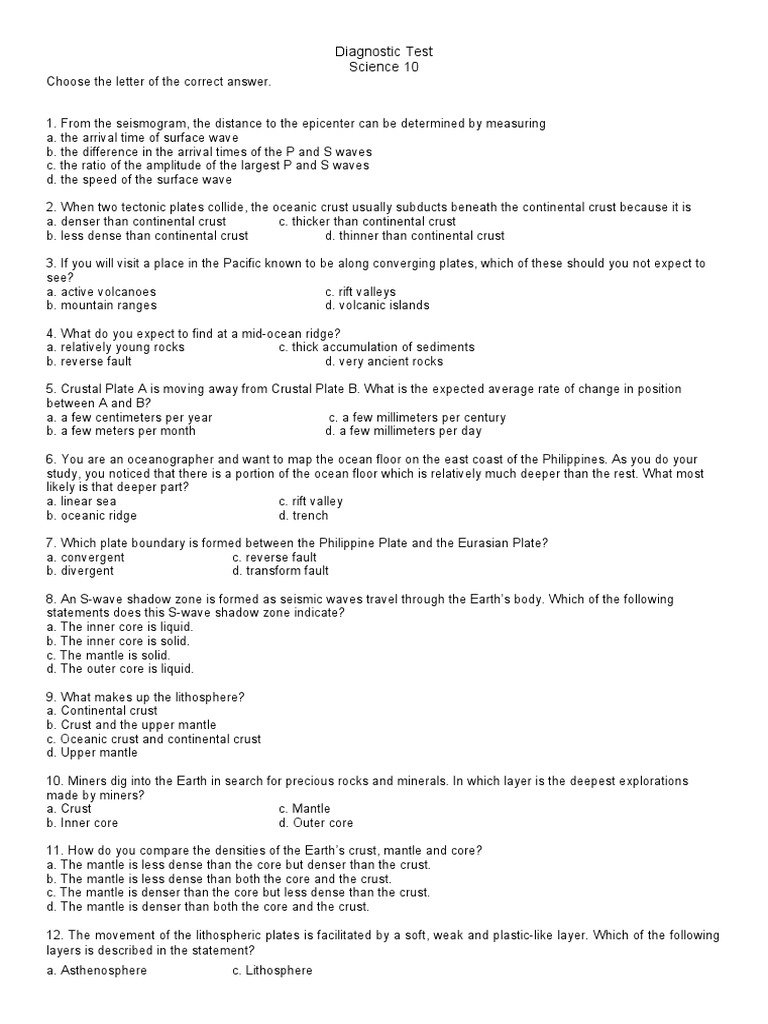 Diagnostic Test Science | PDF | Plate Tectonics | Electromagnetic Radiation