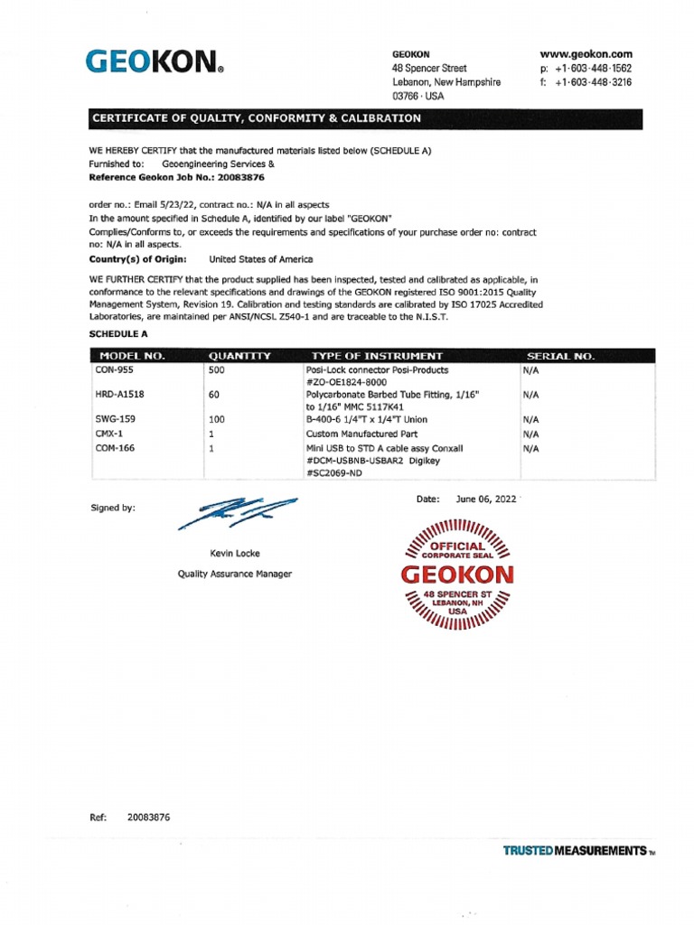 Geokon Calibration N°20083876 | PDF