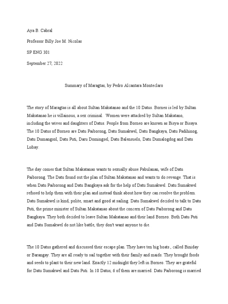 Summary of the Maragtas, the story of how ten Borneo datus fled Sultan ...