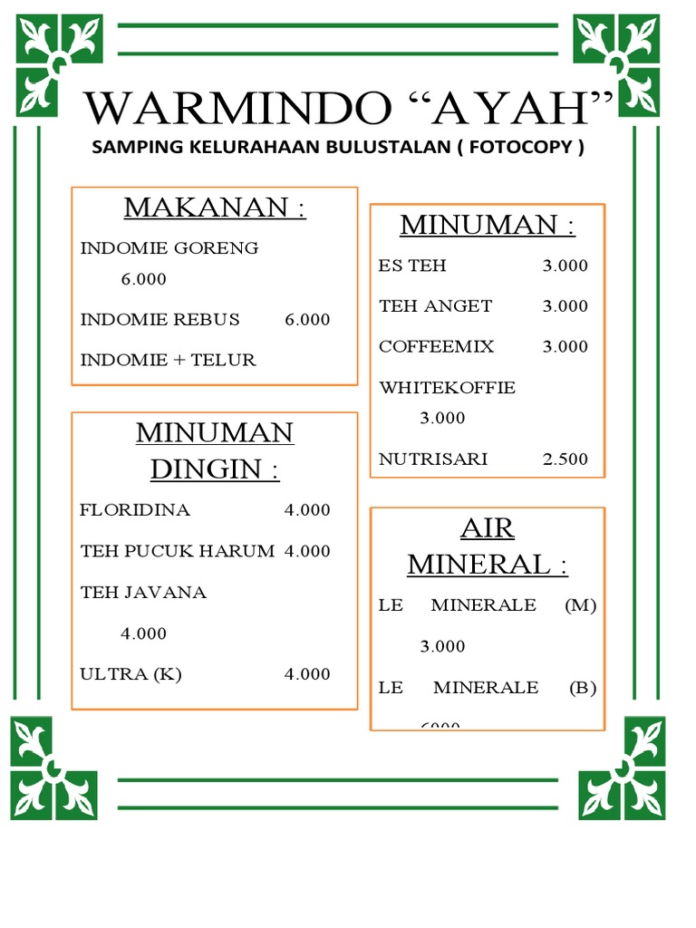 Menu Indomie dan Sop Ayam Warkop | PDF