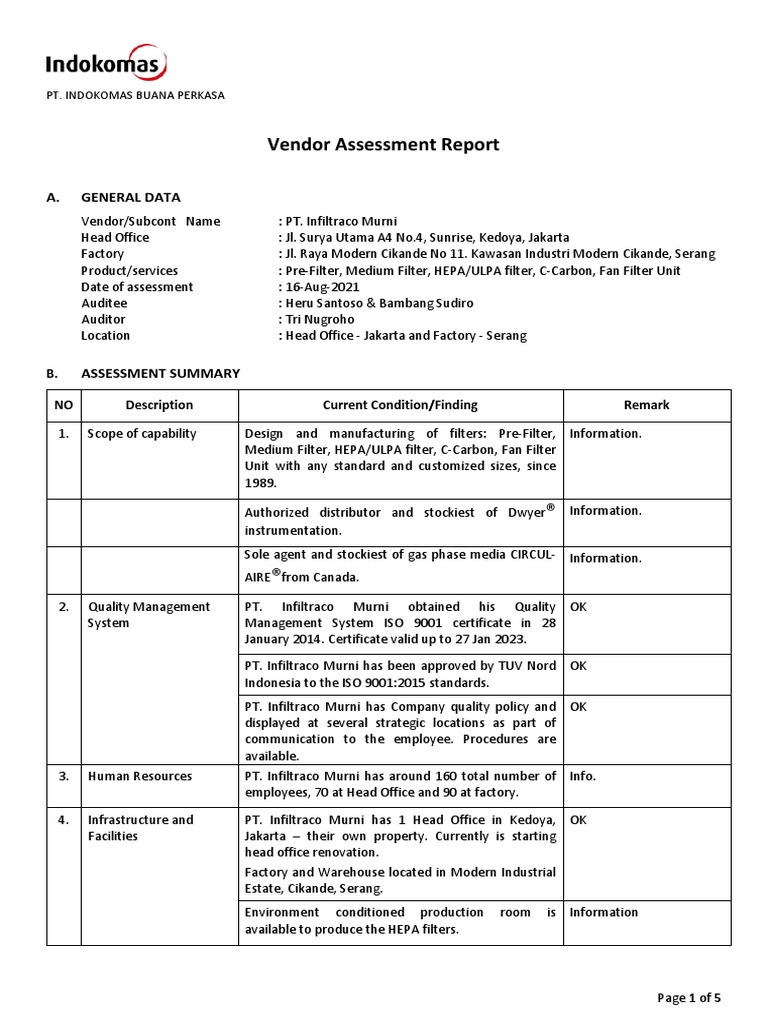Sample Vendor Assessment | PDF | Occupational Safety And Health | Metal ...