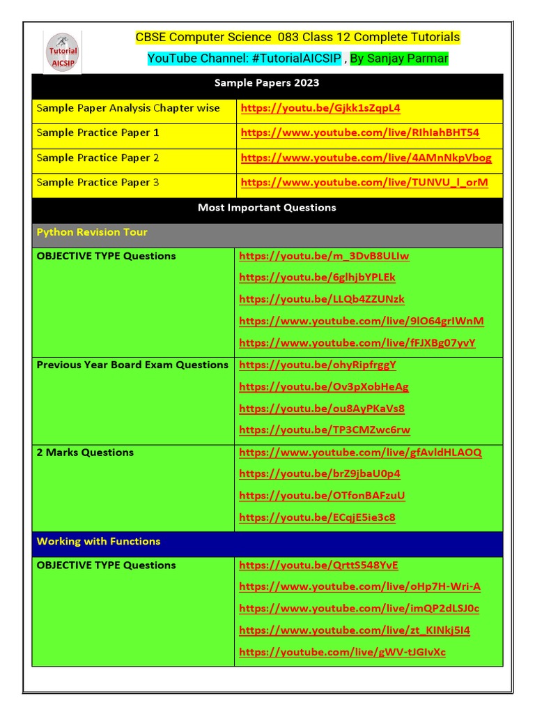 Computer Science Class Xii Couse Content 2023 Pdf