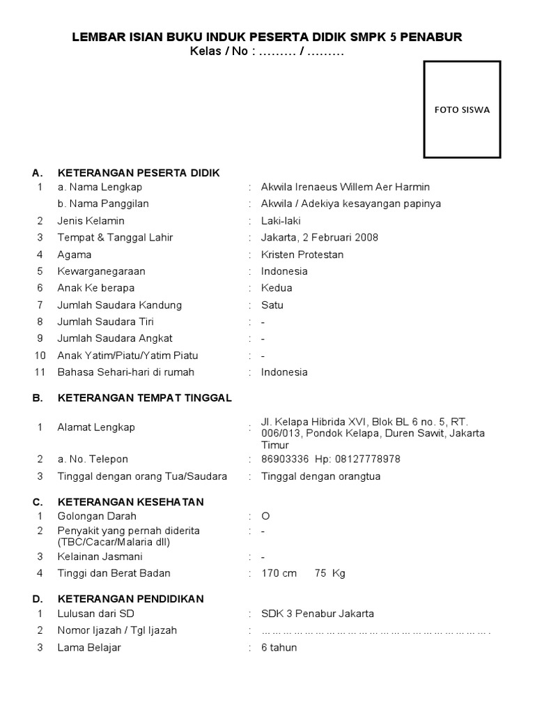 Lembar Isian Buku Induk Peserta Didik SMPK 5 Penabur | PDF