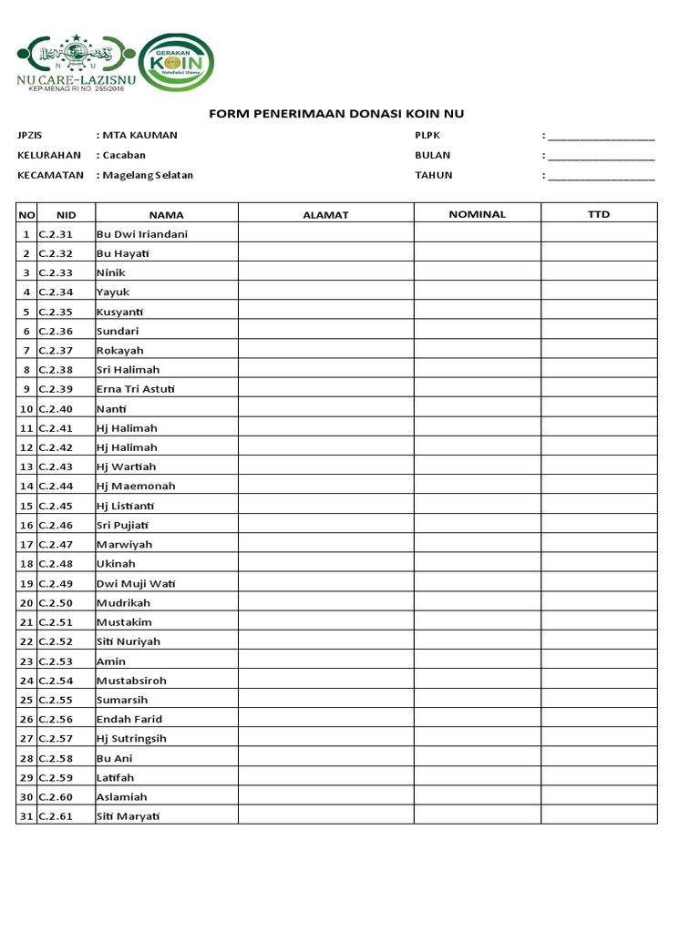 Form Penerimaan Donasi Koin Nu | PDF