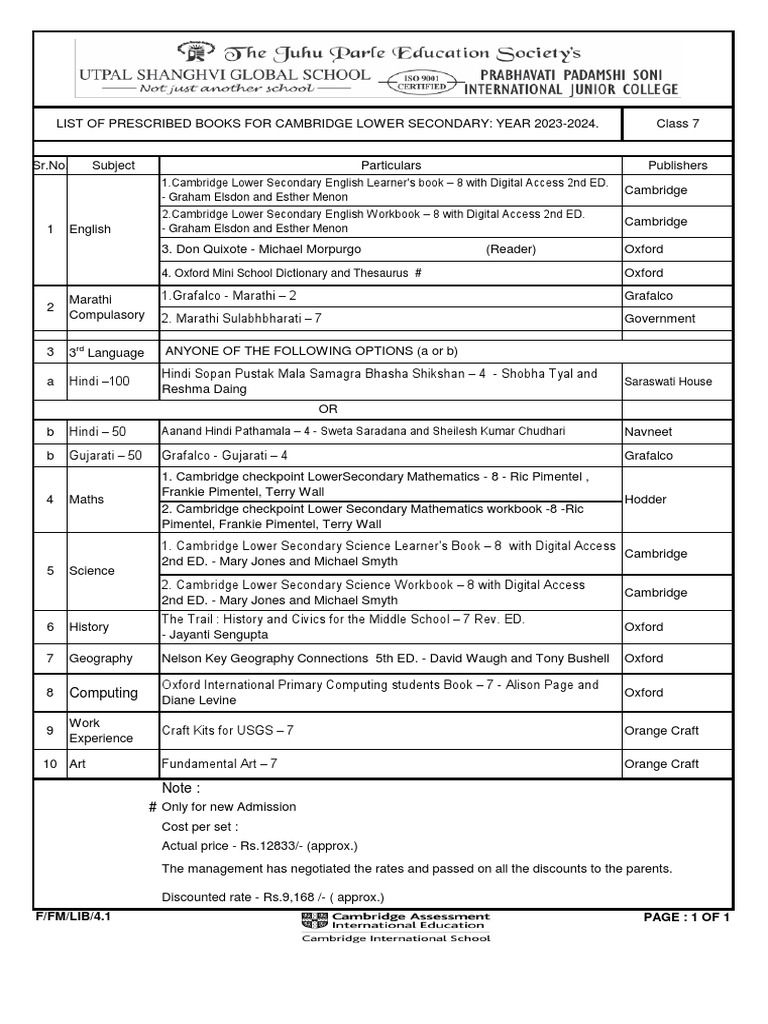 CLS Text Books List 2023 2024 Class 7 | PDF | Middle Schools