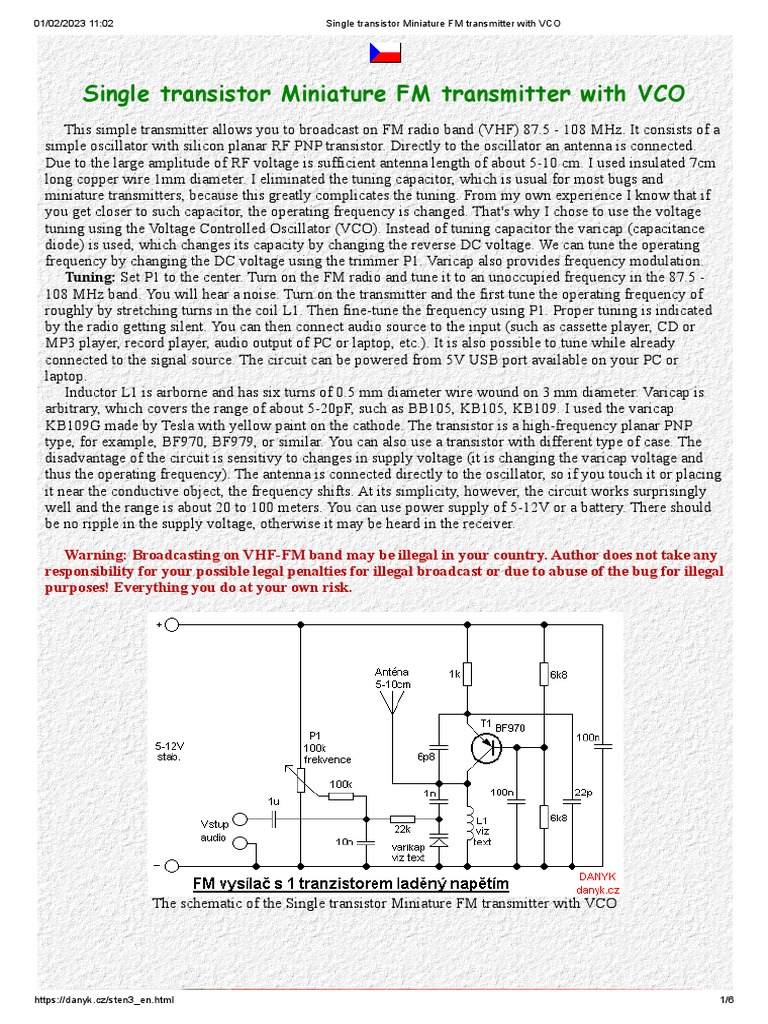 Single Transistor Miniature FM Transmitter With VCO | PDF | Transmitter | Capacitor