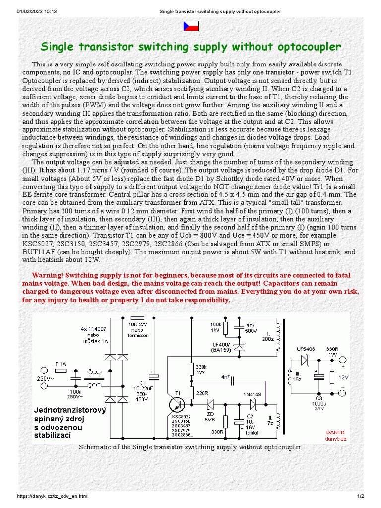 Single Transistor Switching Supply Without Optocoupler | PDF | Diode ...