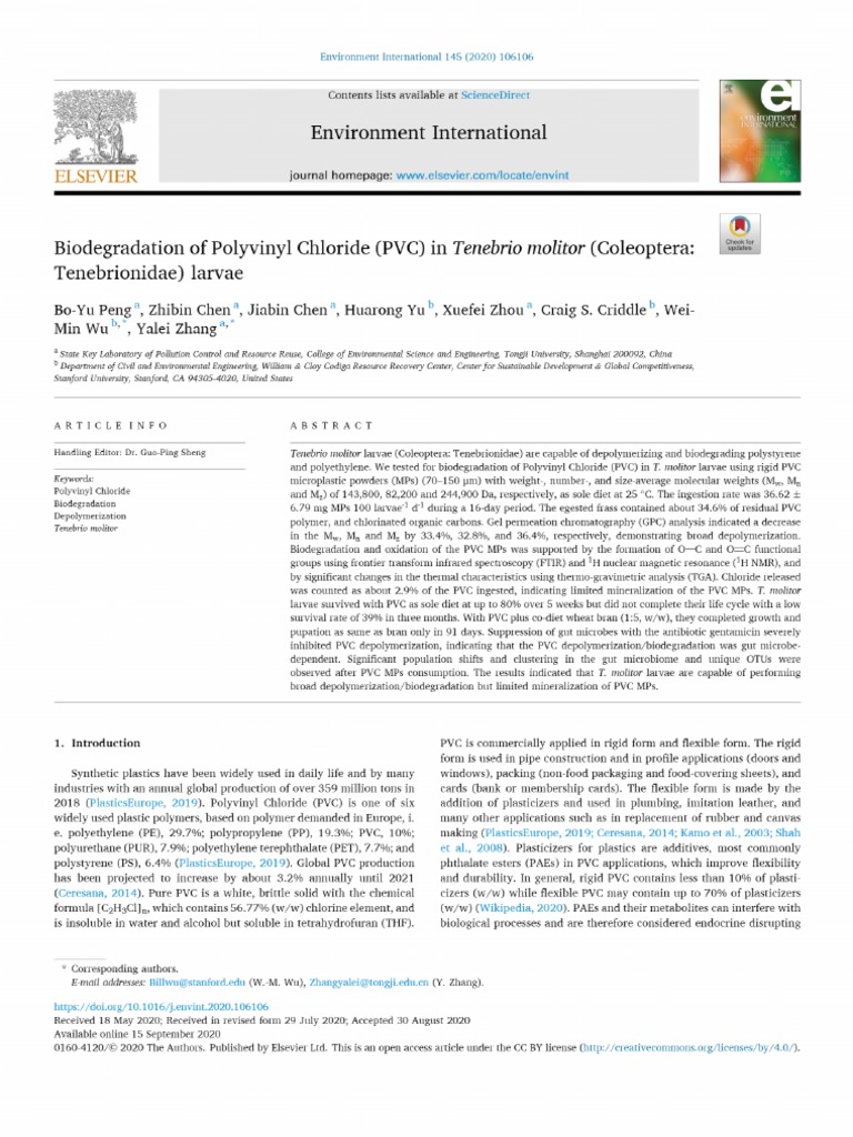 Biodegradation of Polyvinyl Chloride (PVC) in Tenebrio Molitor ...