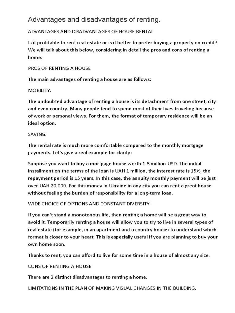 Advantages and Disadvantages of Renting | PDF | Renting | Mortgage Loan