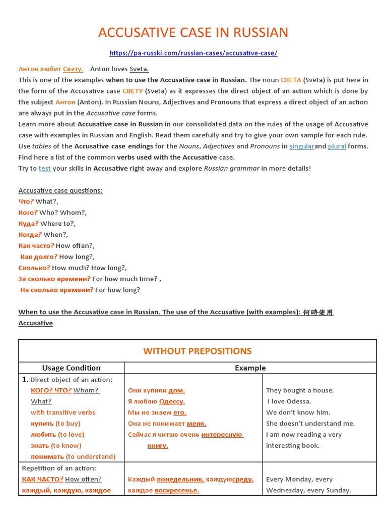Accusative Case in Russian | PDF | Grammatical Gender | Language Mechanics