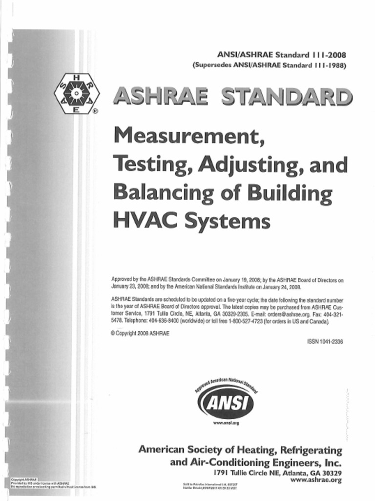 ASHRAE Standard 111-2008 TAB For HVAC PDF | PDF