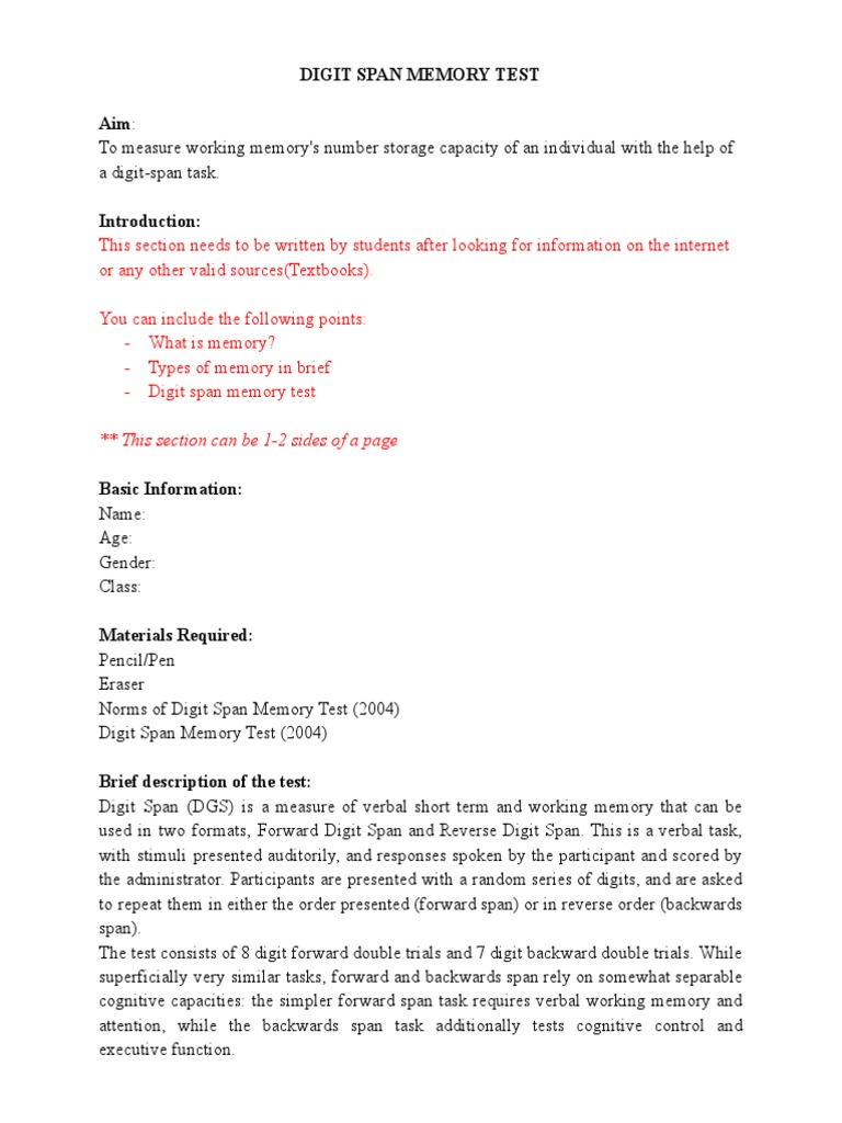 Measuring Working Memory: An Analysis of a Participant's Performance on the Digit Span Memory ...
