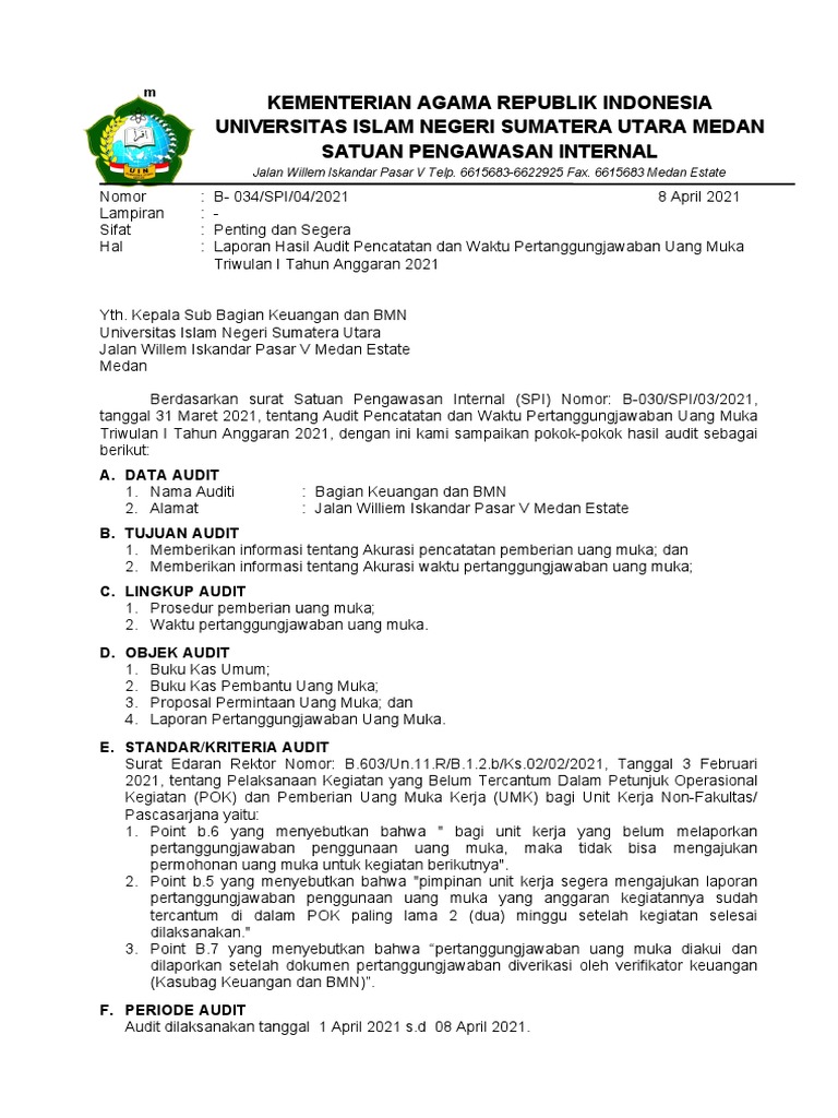 Laporan Audit Uang Muka 2021 | PDF