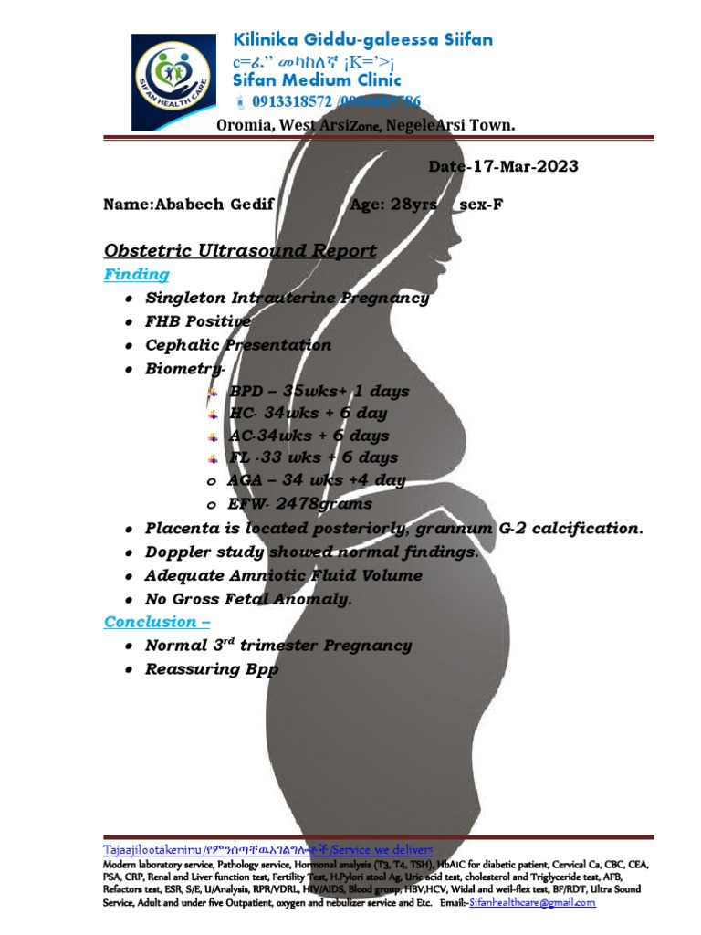 Obstetric Ultrasound Report: Kilinika Giddu Galeessa Siifan Sifan Medium Clinic | PDF