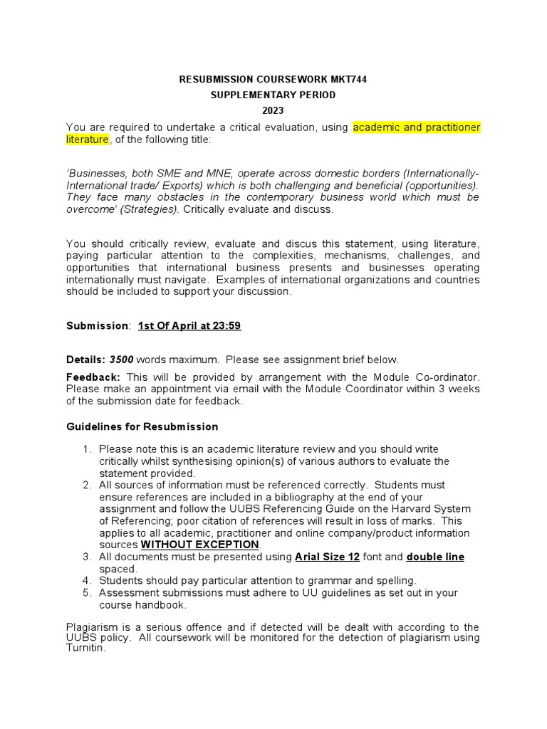 Resit Coursework Assignment Brief MKT744 June 2022 | PDF | Turnitin ...
