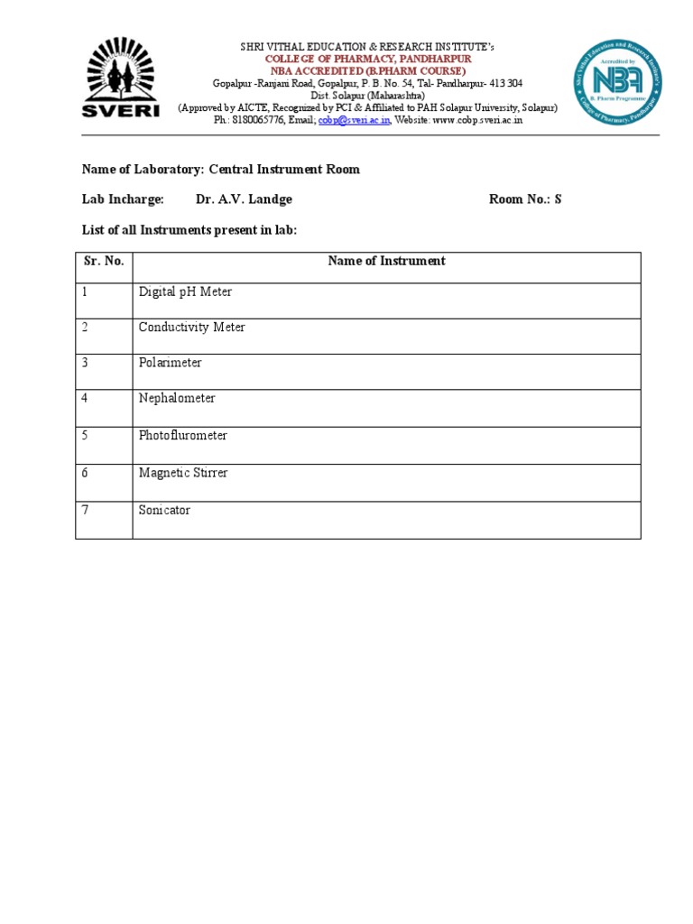 Laboratory Details Central Instrument Room | PDF | Ph | Light Emitting ...