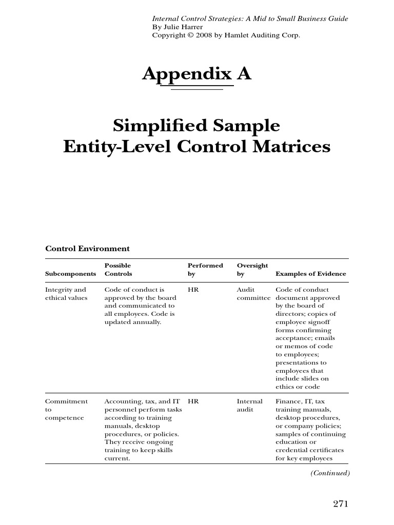 Simplified Sample Entity Level Control Matrices Imp | PDF | Audit | Internal Audit