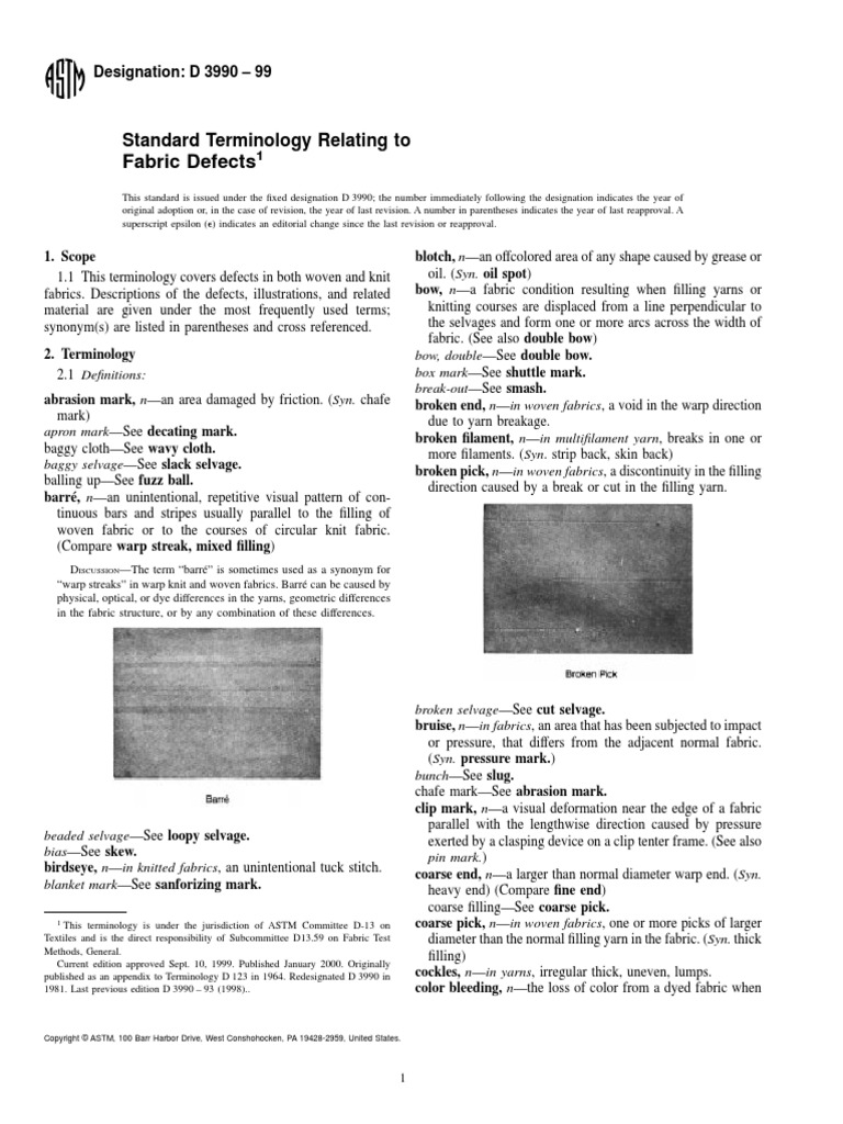 ASTM D-3990-Fabric Defects | PDF | Textiles | Knitting