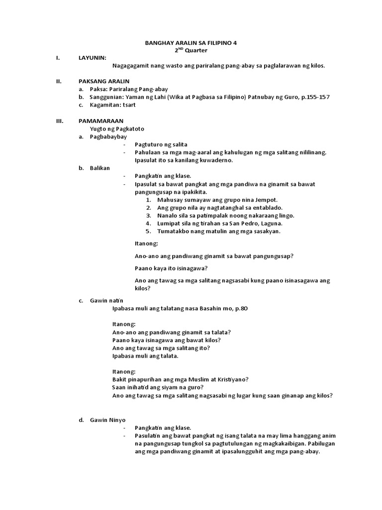 Banghay Aralin Sa Filipino 4 | PDF