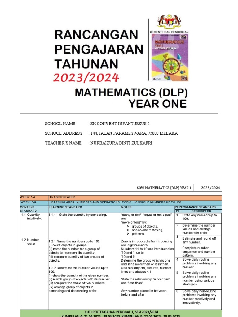 RPT MATH DLP YEAR 1 2023-2024 | PDF | Shape | Numbers