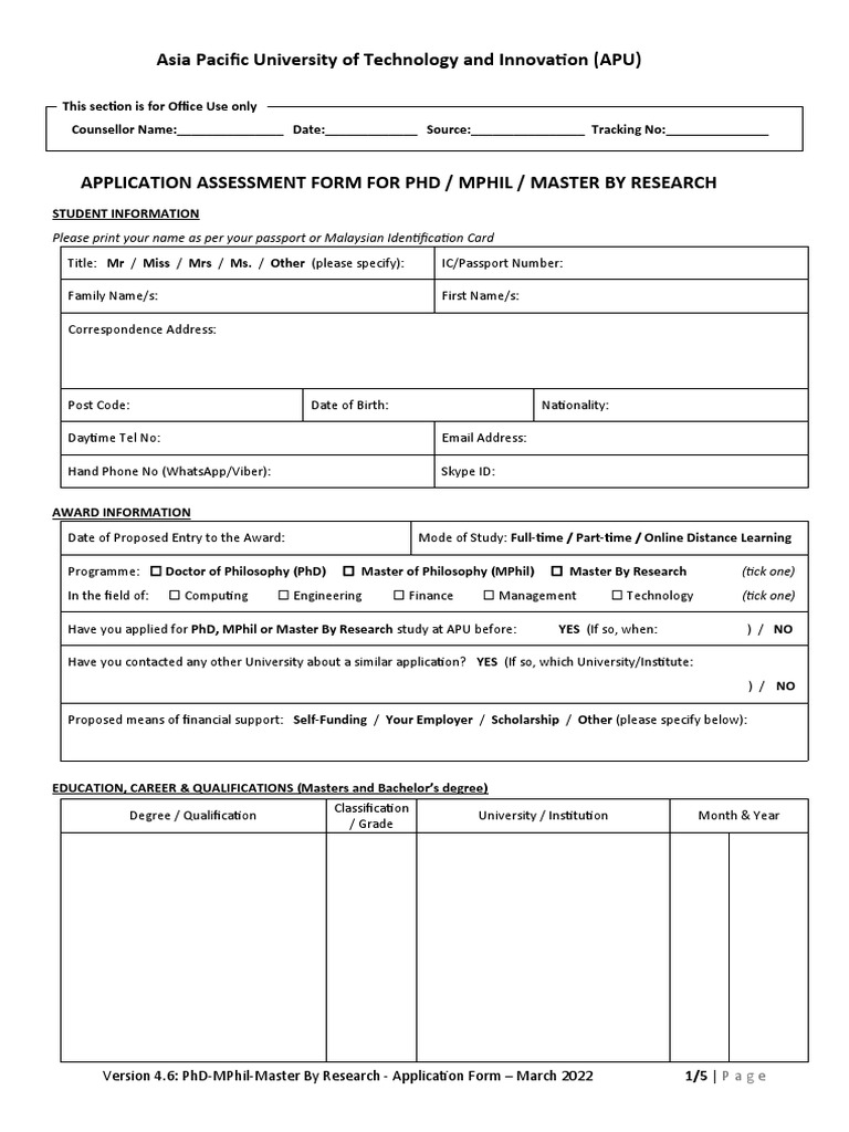 APU PhD-MPhil-Master by Research Application Form - Final | PDF ...