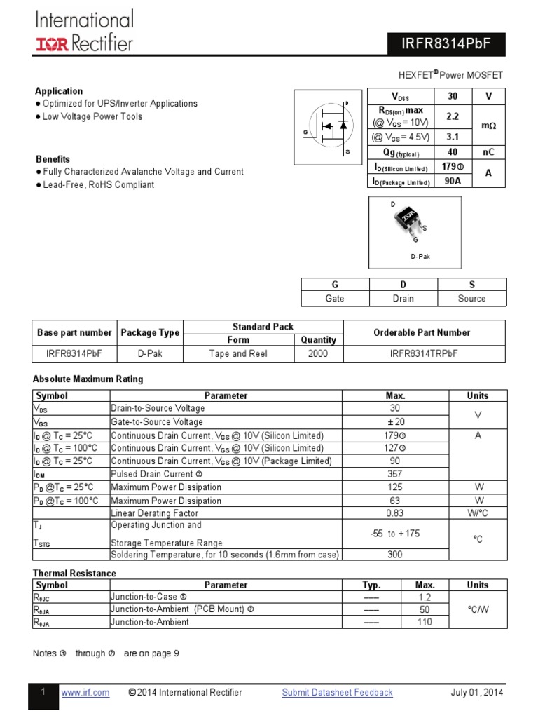Infineon IRFR8314 DataSheet v01 - 01 EN PDF | PDF | Field Effect Transistor | Diode