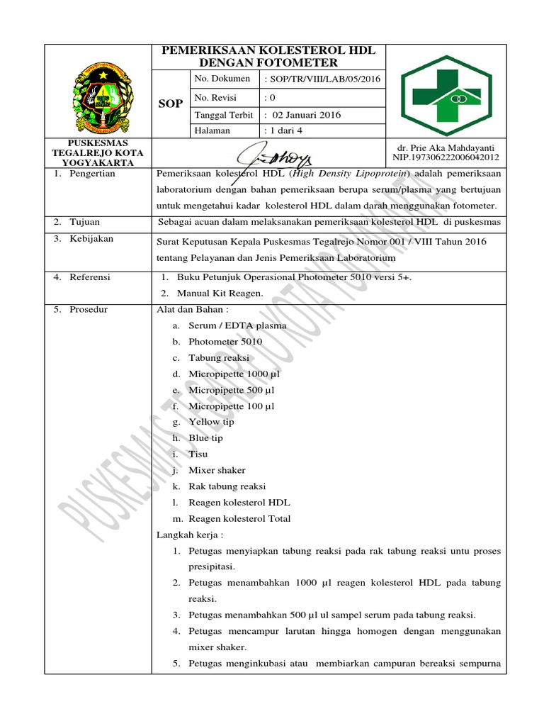 SOP Pemeriksaan Cholesterol HDL Dengan Fotometer | PDF
