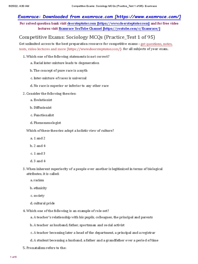 Sociology MCQs Practice Test 1 PDF | PDF | Sociology | Multiple Choice