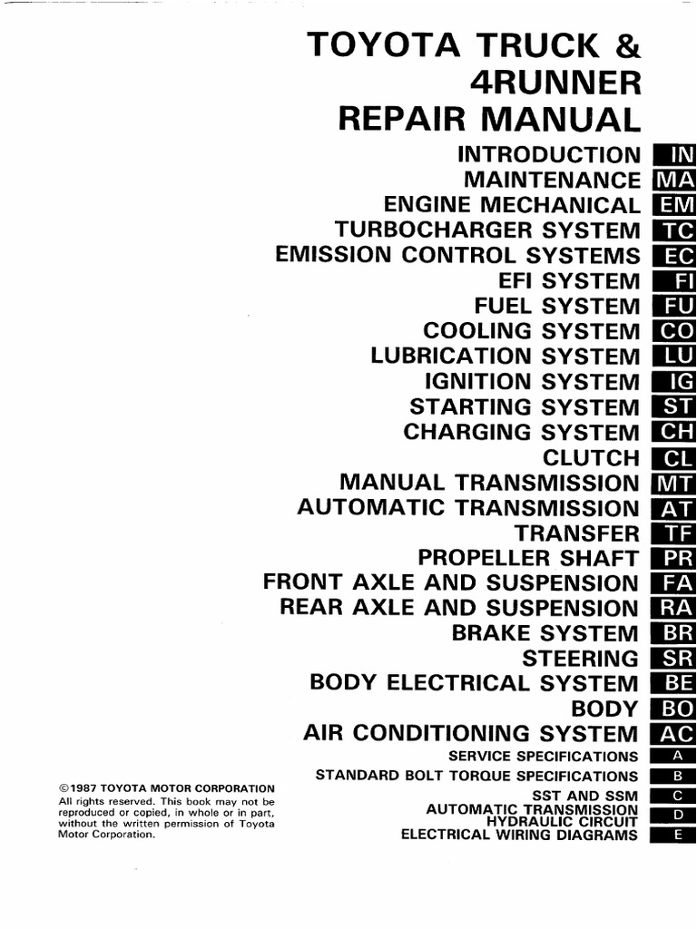 Toyota Truck 4runner 1986 1989 Service Repair Manual PDF | PDF