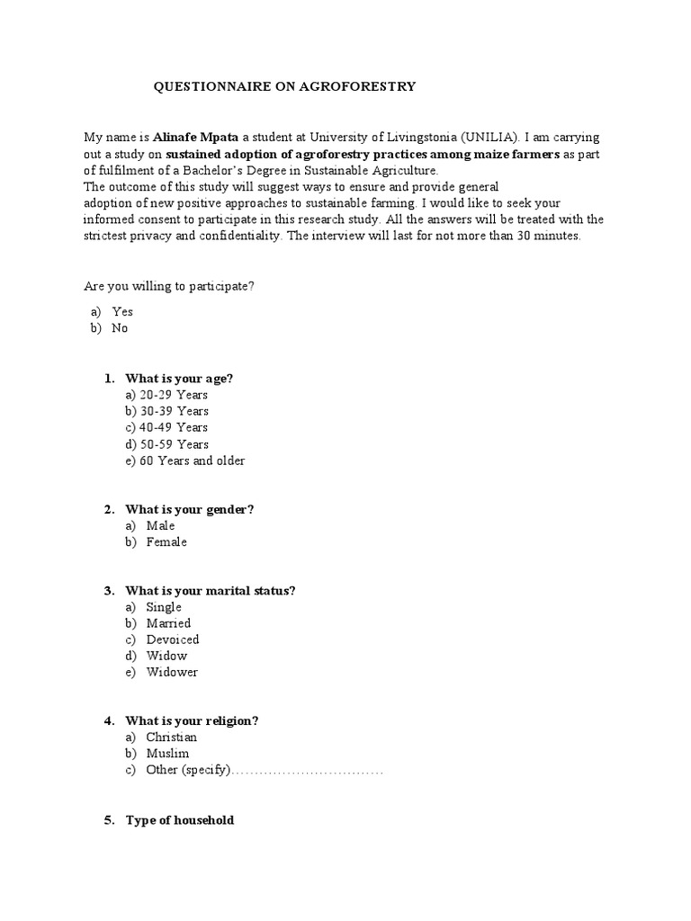 Questionnaire On Agroforestry | PDF | Agriculture | Food Industry