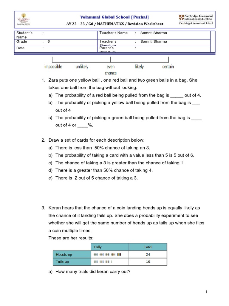 6 Math WS - Probability | PDF | Probability