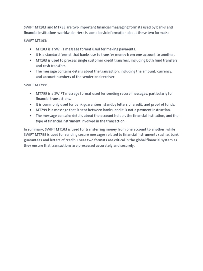Understanding SWIFT MT103 and MT799 | PDF