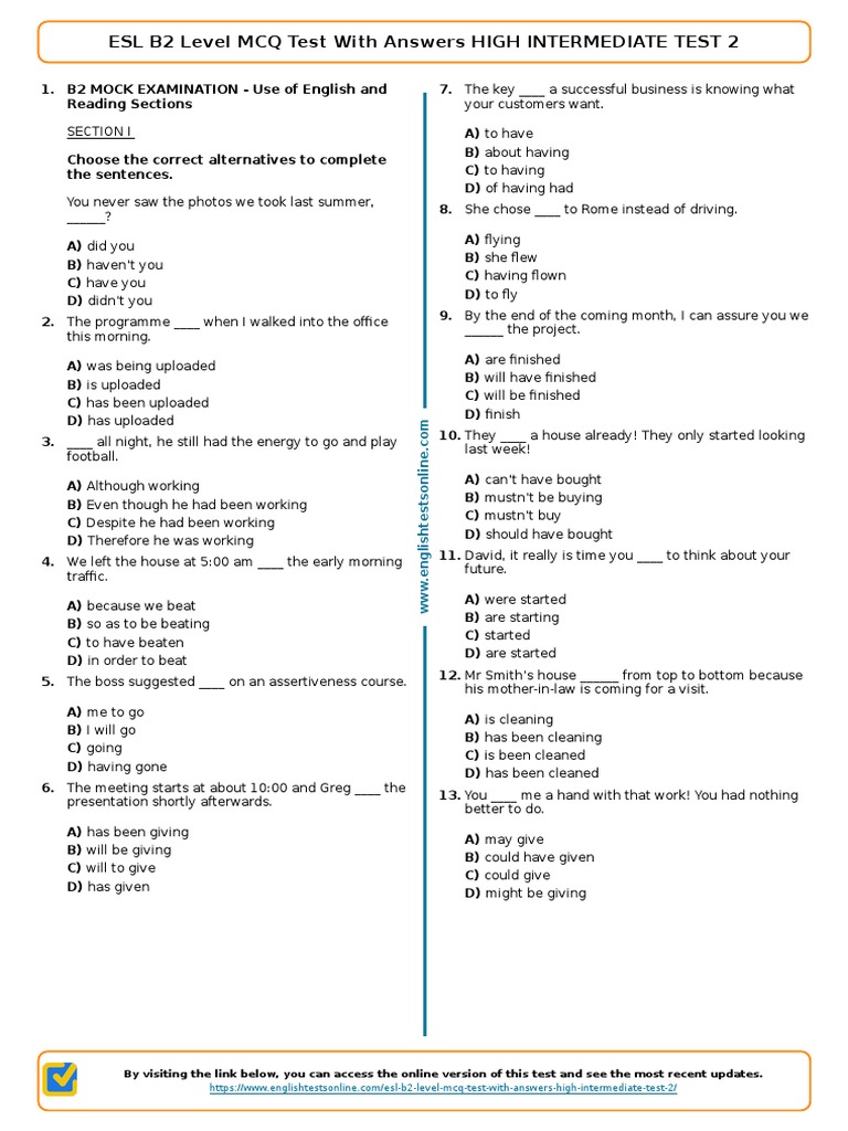 686 - Esl b2 Level MCQ Test With Answers High Intermediate Test 2 | PDF ...