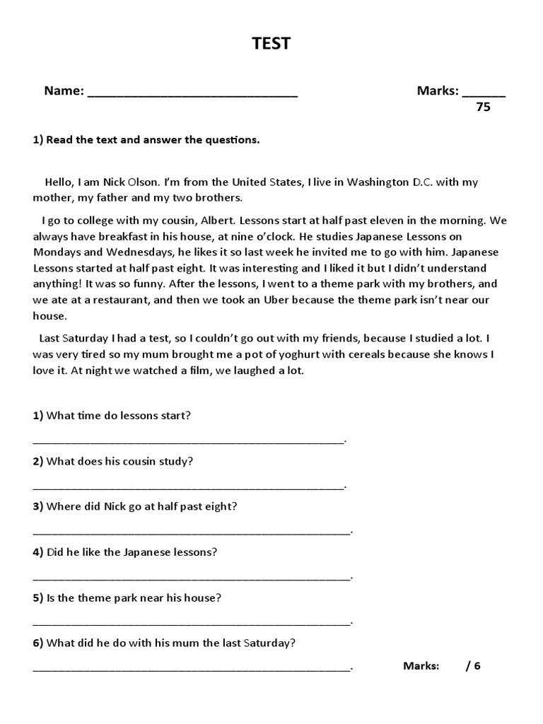 Simple Past Reading Comprehension Test | PDF