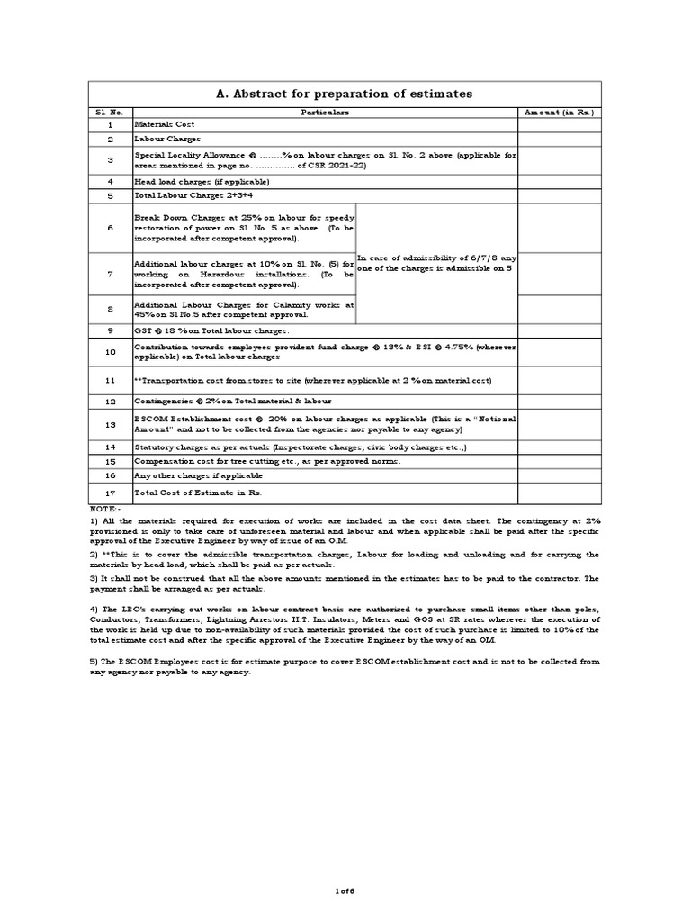 BESCOM - Part-I - Abstract of Estimates | PDF | Cost | Insurance