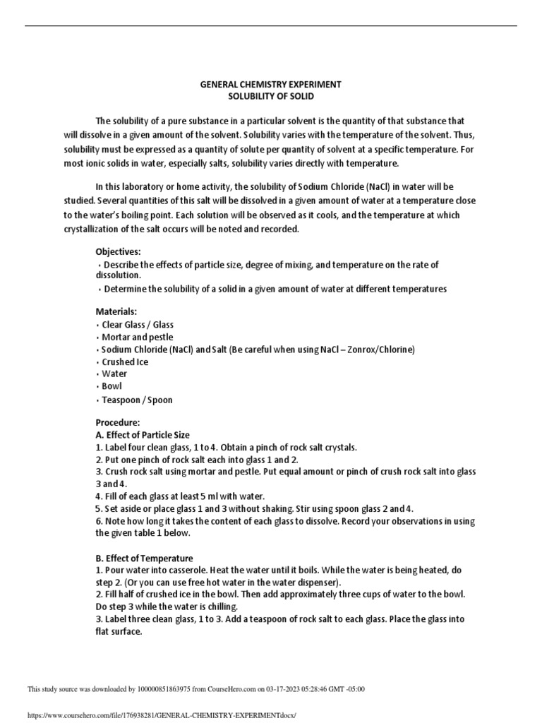 General Chemistry Experiment | PDF | Sodium Chloride | Solubility
