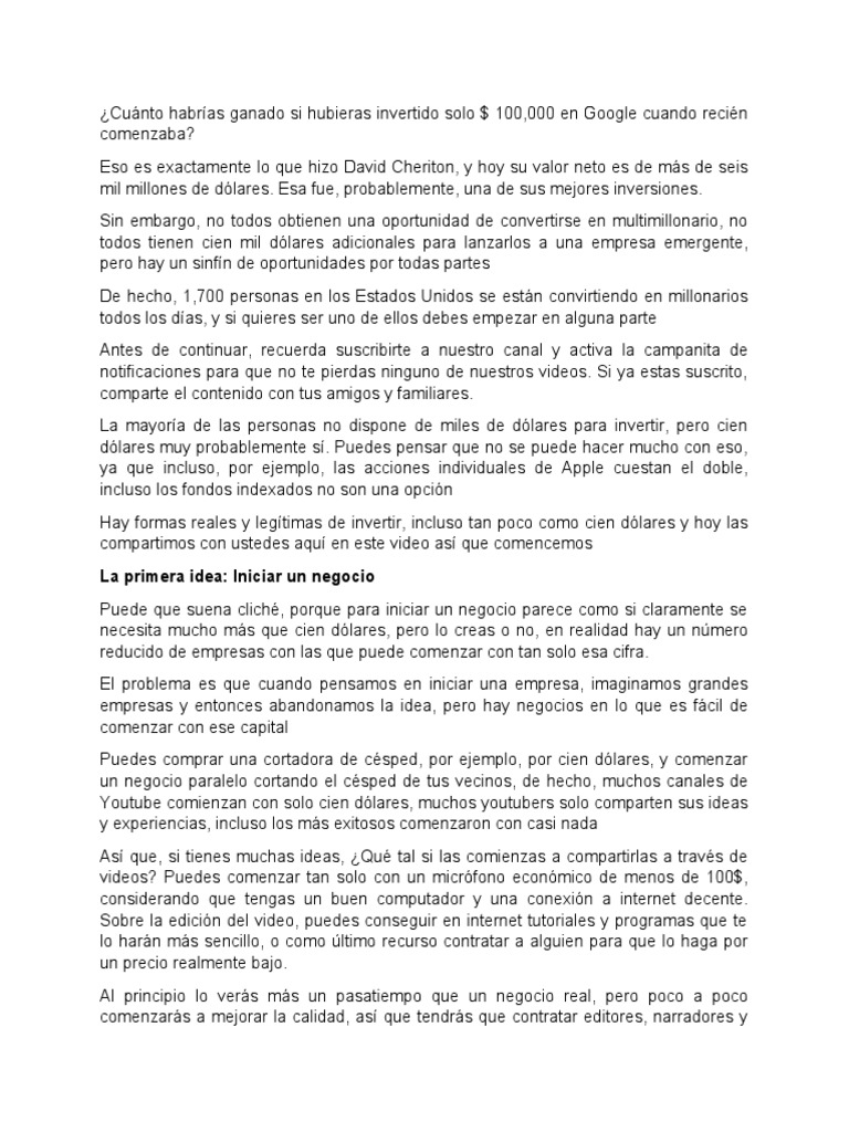 Guion Como Invertir 100 Dolares | PDF | Youtube | Internet Guion Como Invertir 100 Dolares | PDF | Youtube | Internet