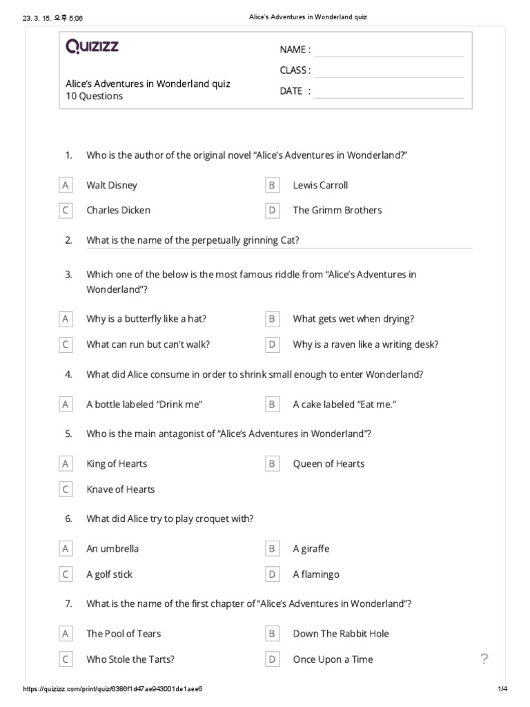 Alice's Adventures in Wonderland Quiz | PDF | Alice's Adventures In ...