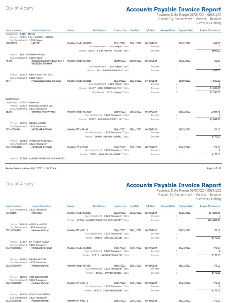 Aug 2022 - Accounts Payable Invoice Report PDF | PDF | Accounts Payable ...