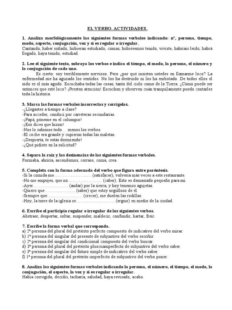 Actividades sobre el verbo en español | PDF | Verbo | Conjugación ...