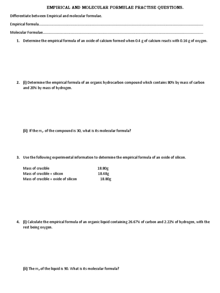 Empirical and Molecular Formulae Practise Questions PDF | PDF | Carbon ...