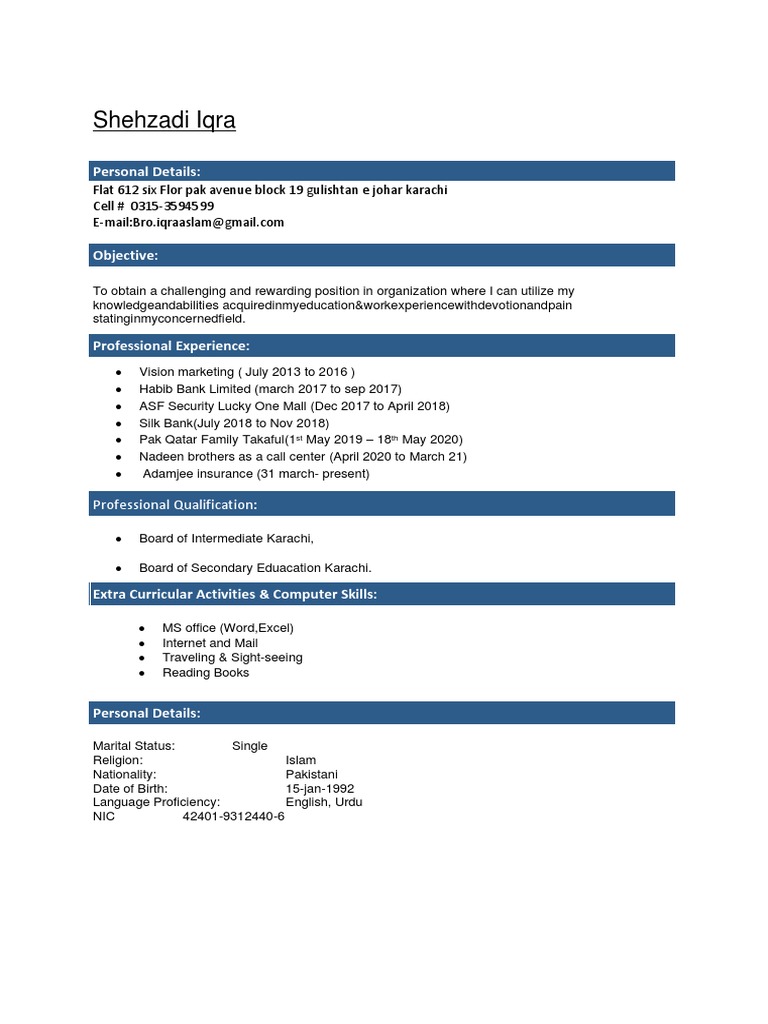 Shehzadi Iqra's Professional Resume | PDF